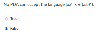 Solved No PDA can accept the language {xxr∣x∈{a,b}∗}. True | Chegg.com