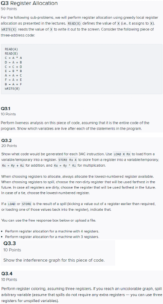Q3 Register Allocation 50 Points For the following | Chegg.com