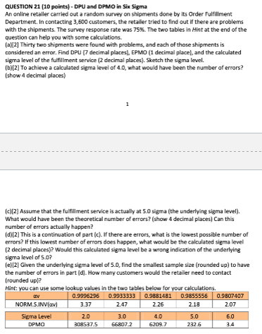 QUESTION 21 [10 points] - DPU and DPMO in Six Sigma | Chegg.com