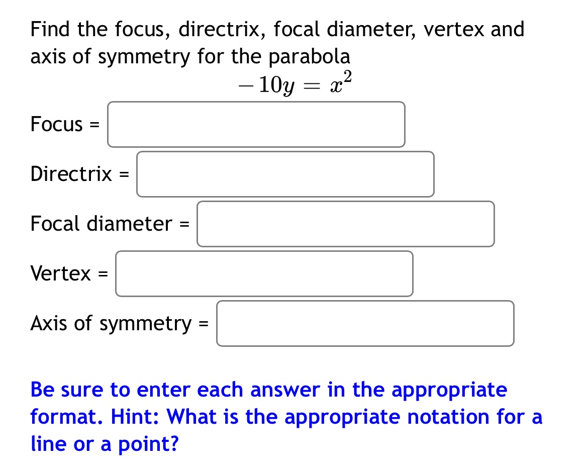 Solved Find the focus, directrix, focal diameter, vertex and | Chegg.com