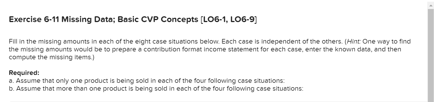 Solved Exercise 6-11 Missing Data; Basic CVP Concepts | Chegg.com