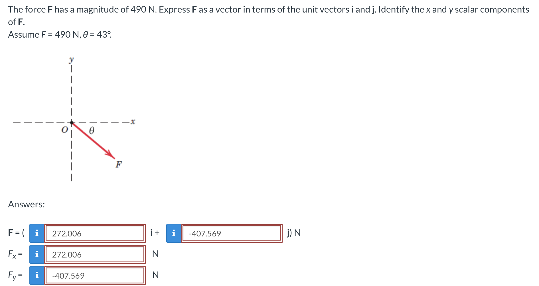 Solved The force F has a magnitude of 490 N. Express F as a | Chegg.com