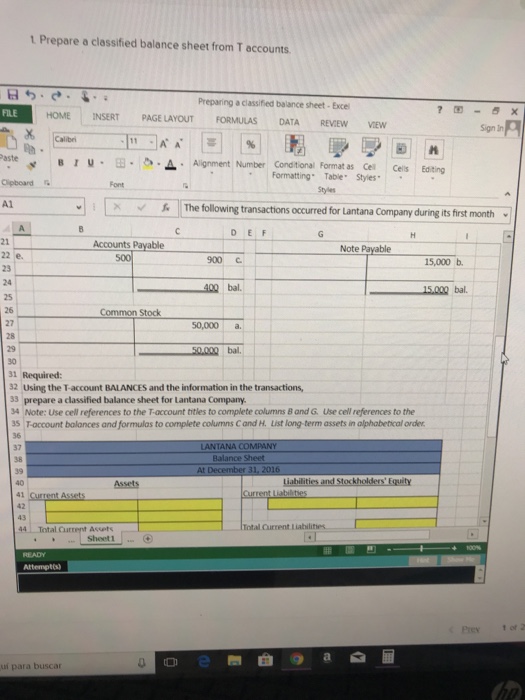 Solved Preparing a classified balance sheet-Excel HOME | Chegg.com