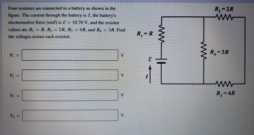 Solved R, = 2R Four resistors are connected to a battery as | Chegg.com