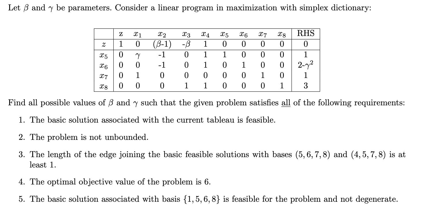 Solved Let β and γ be parameters. Consider a linear program | Chegg.com