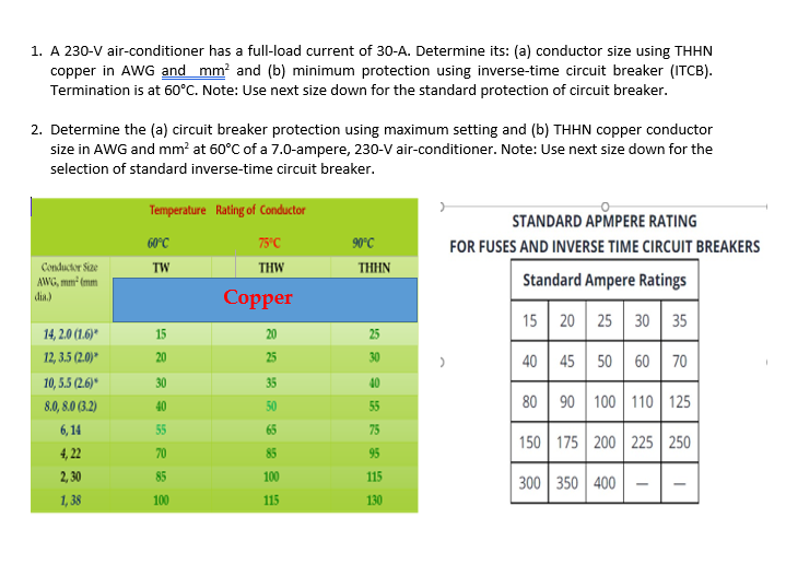 Solved 1. A 230-V air-conditioner has a full-load current of | Chegg.com
