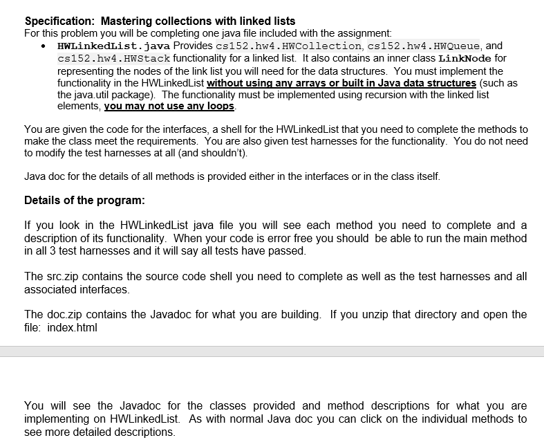 Solved Specification: Mastering collections with linked | Chegg.com