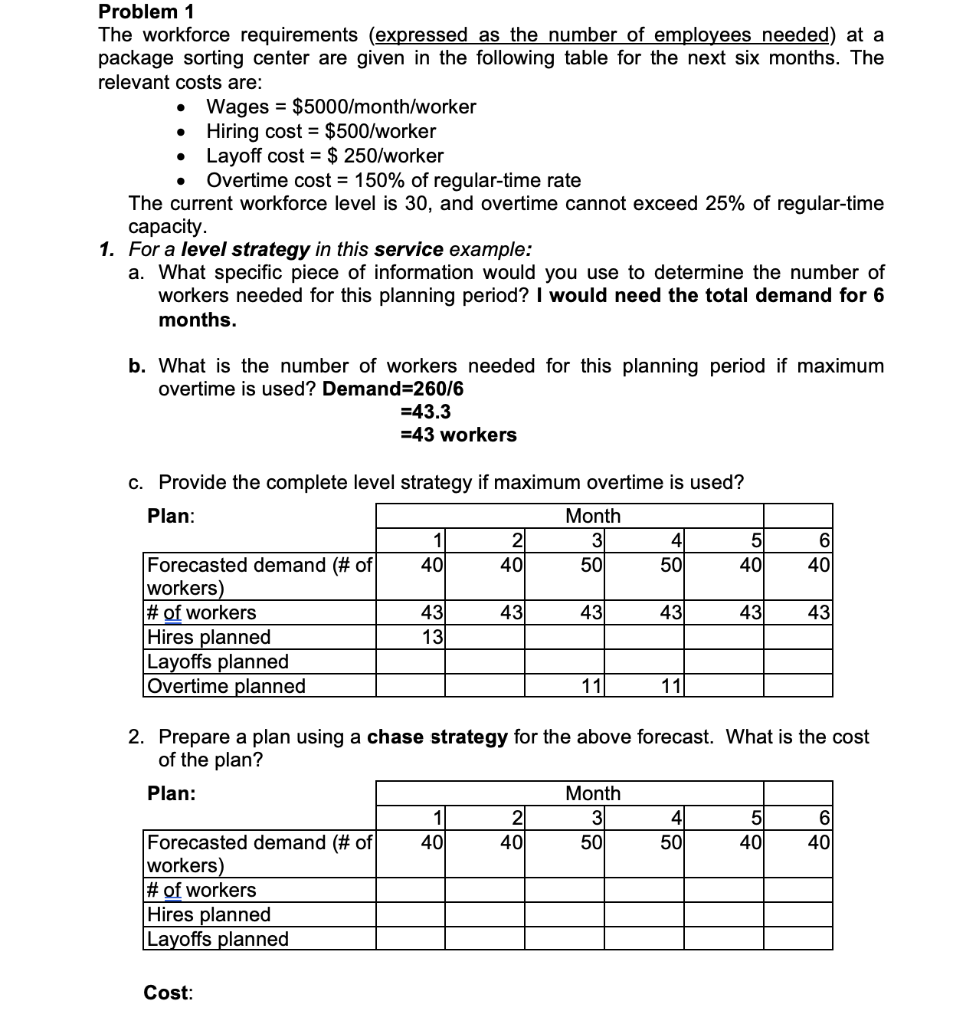 Solved Problem 1 The workforce requirements (expressed as | Chegg.com