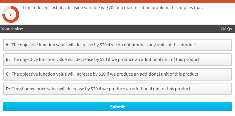 Solved If the reduced cost of a decision variable is −$20 | Chegg.com