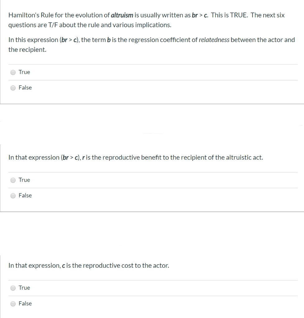 Solved Hamilton's Rule for the evolution of altruism is | Chegg.com