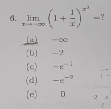 Solved limx→-∞(1+1x)x2= ?(a) -∞(b) -2(c) -e-1(d) -e-2(e) 0 | Chegg.com