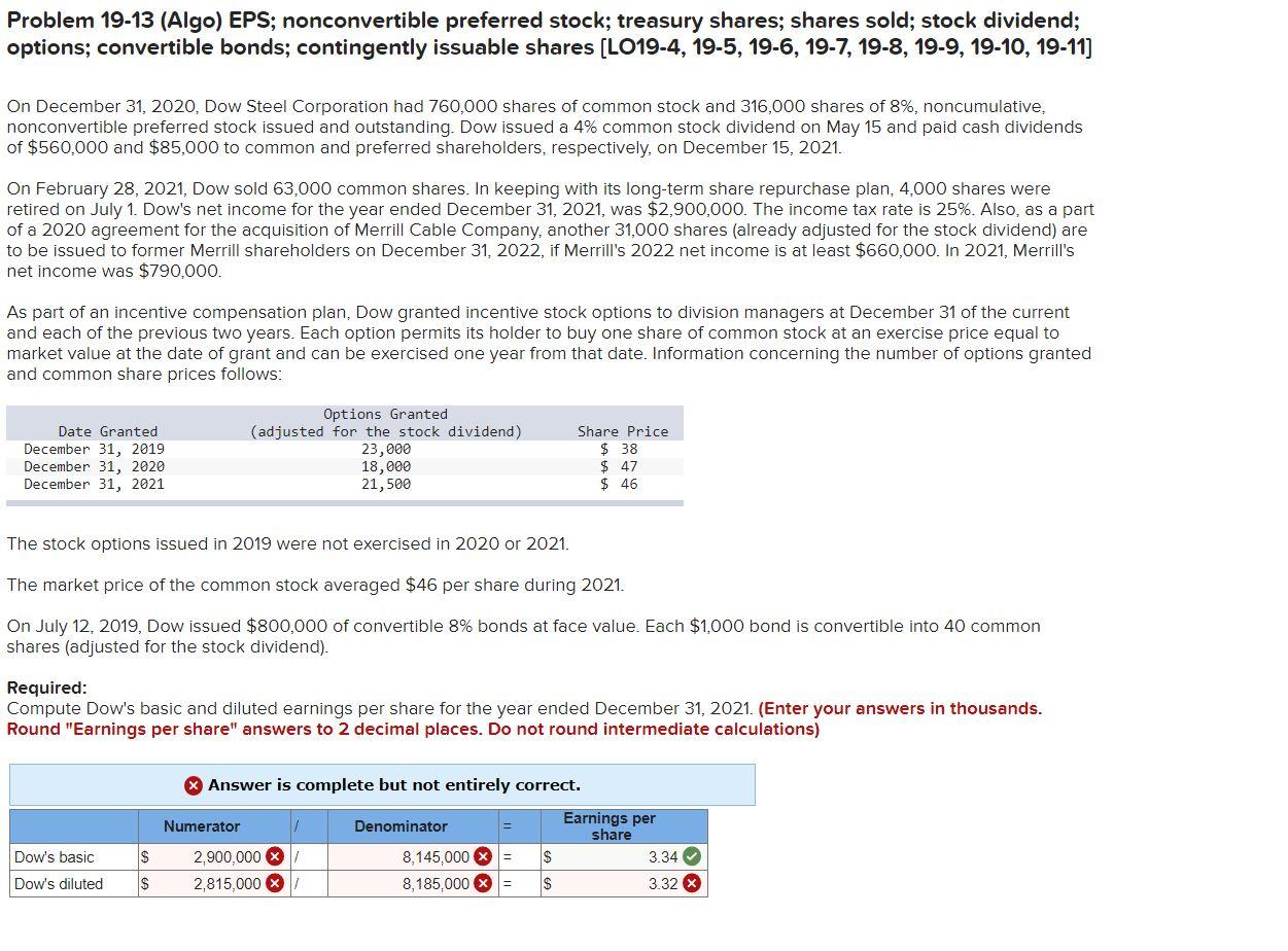 Solved Problem 19-13 (Algo) EPS; nonconvertible preferred | Chegg.com