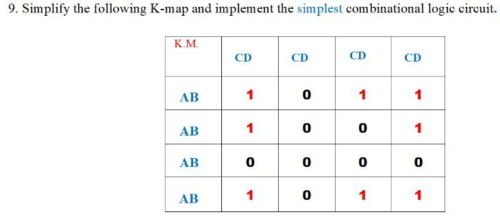Solved 9. Simplify the following K-map and implement the | Chegg.com