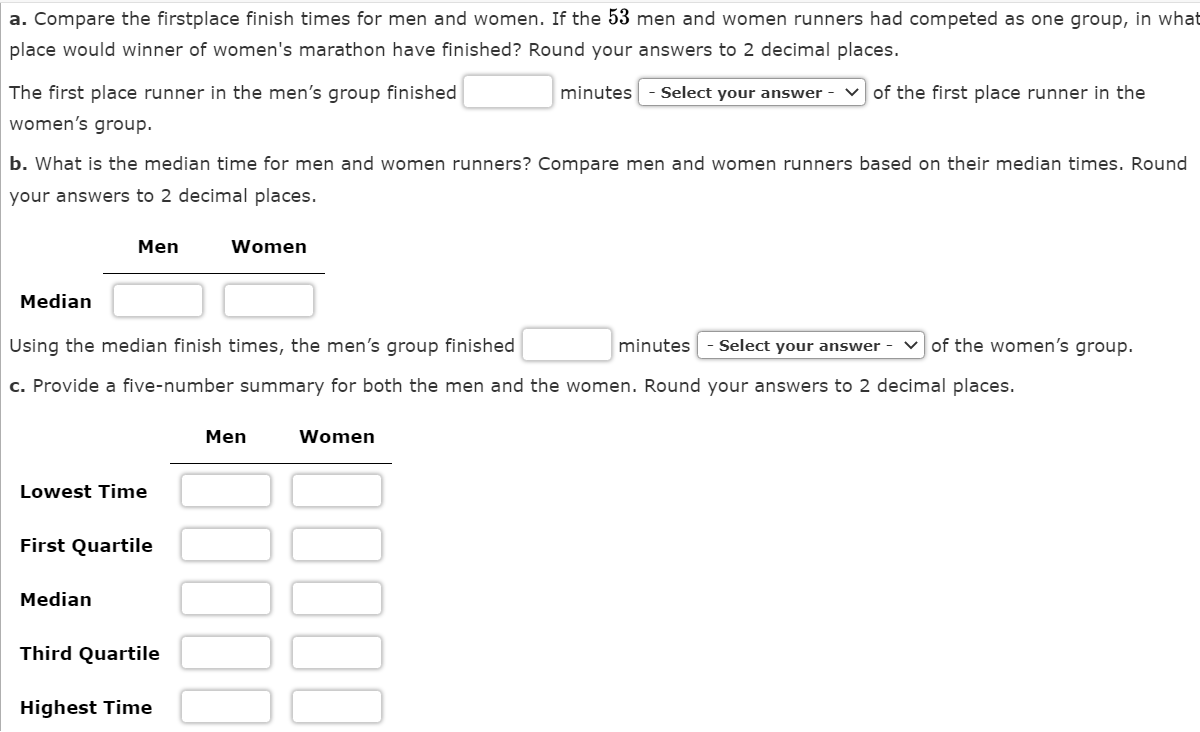 Solved a. Compare the firstplace finish times for men and | Chegg.com