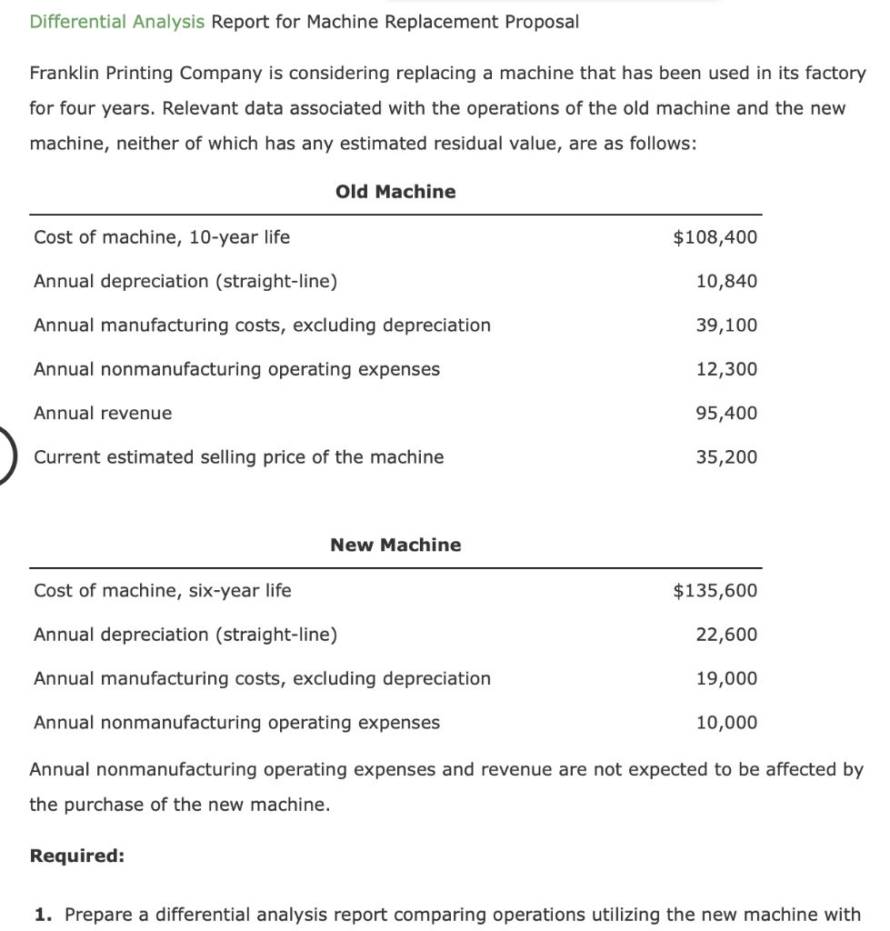 Solved Differential Analysis Report for Machine Replacement | Chegg.com