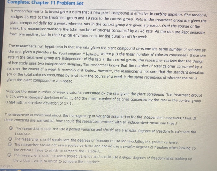 Solved Complete: Chapter 11 Problem Set A researcher wants | Chegg.com