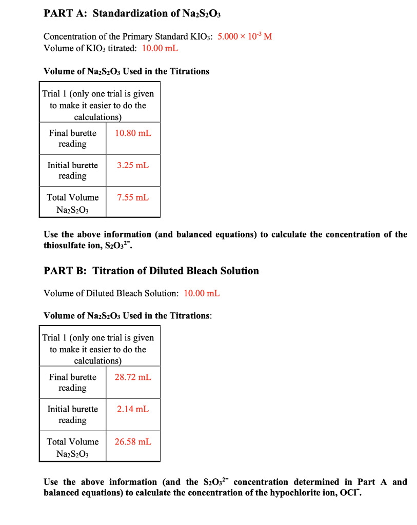 Solved PART A: Standardization of Na2S2O3 Concentration of | Chegg.com
