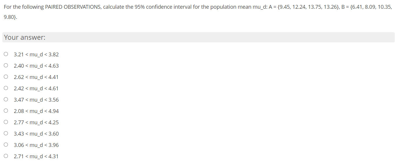 Solved For the following PAIRED OBSERVATIONS, calculate the | Chegg.com