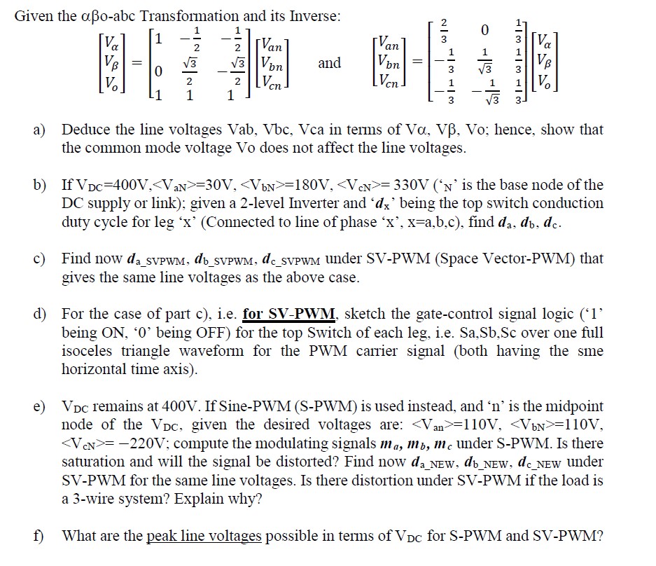 Solved Given the αβo−abc Transformation and its Inverse: | Chegg.com