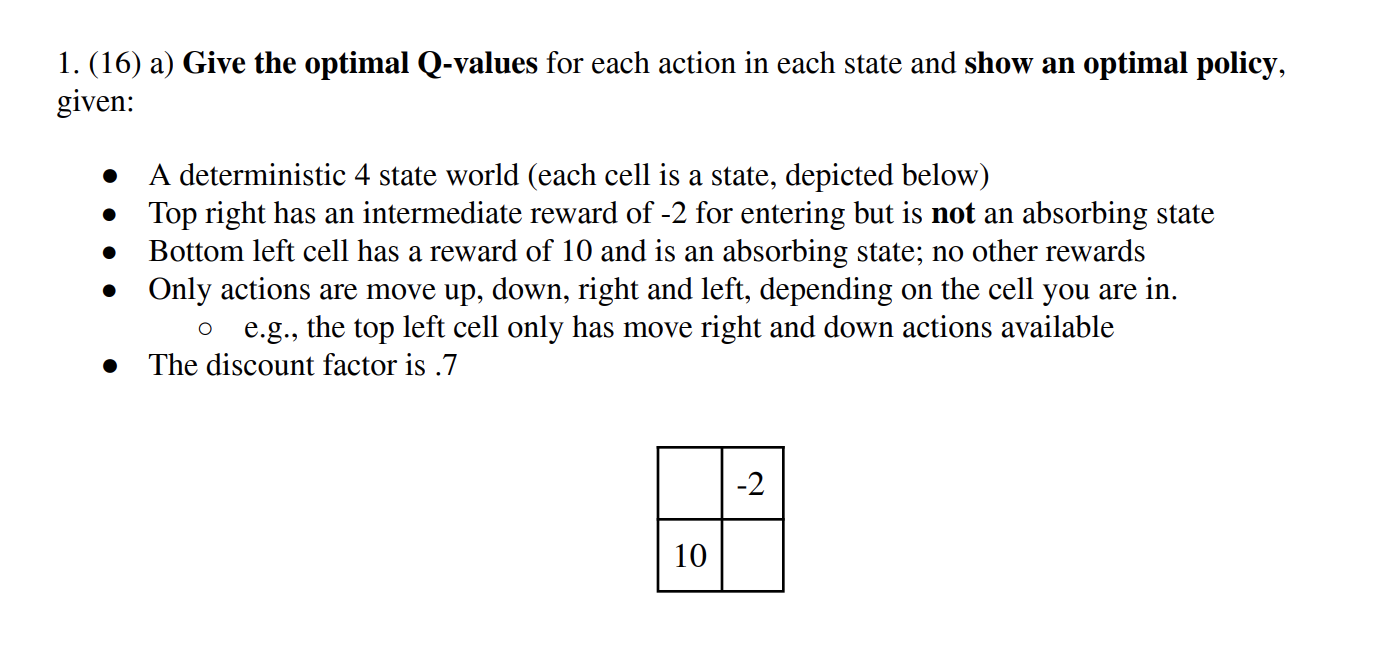 1. (16) a) Give the optimal Q-values for each action | Chegg.com