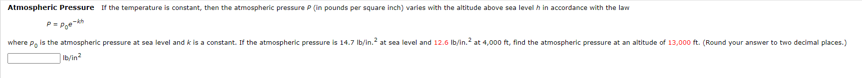 Solved P=p0e−kh lb/in2 | Chegg.com