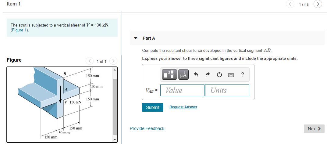 Solved Item 1 1 of 5 The strut is subjected to a vertical | Chegg.com