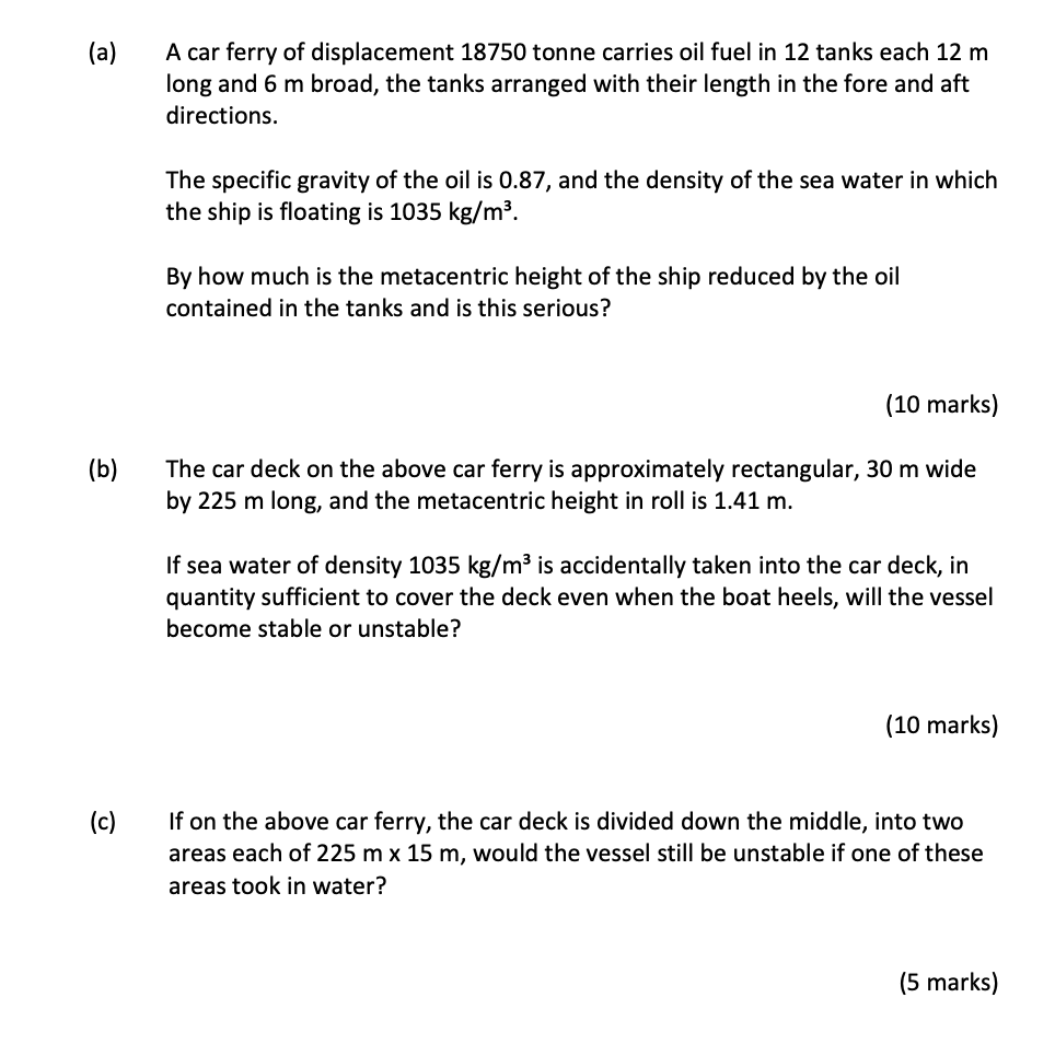 Solved (a) A car ferry of displacement 18750 tonne carries | Chegg.com