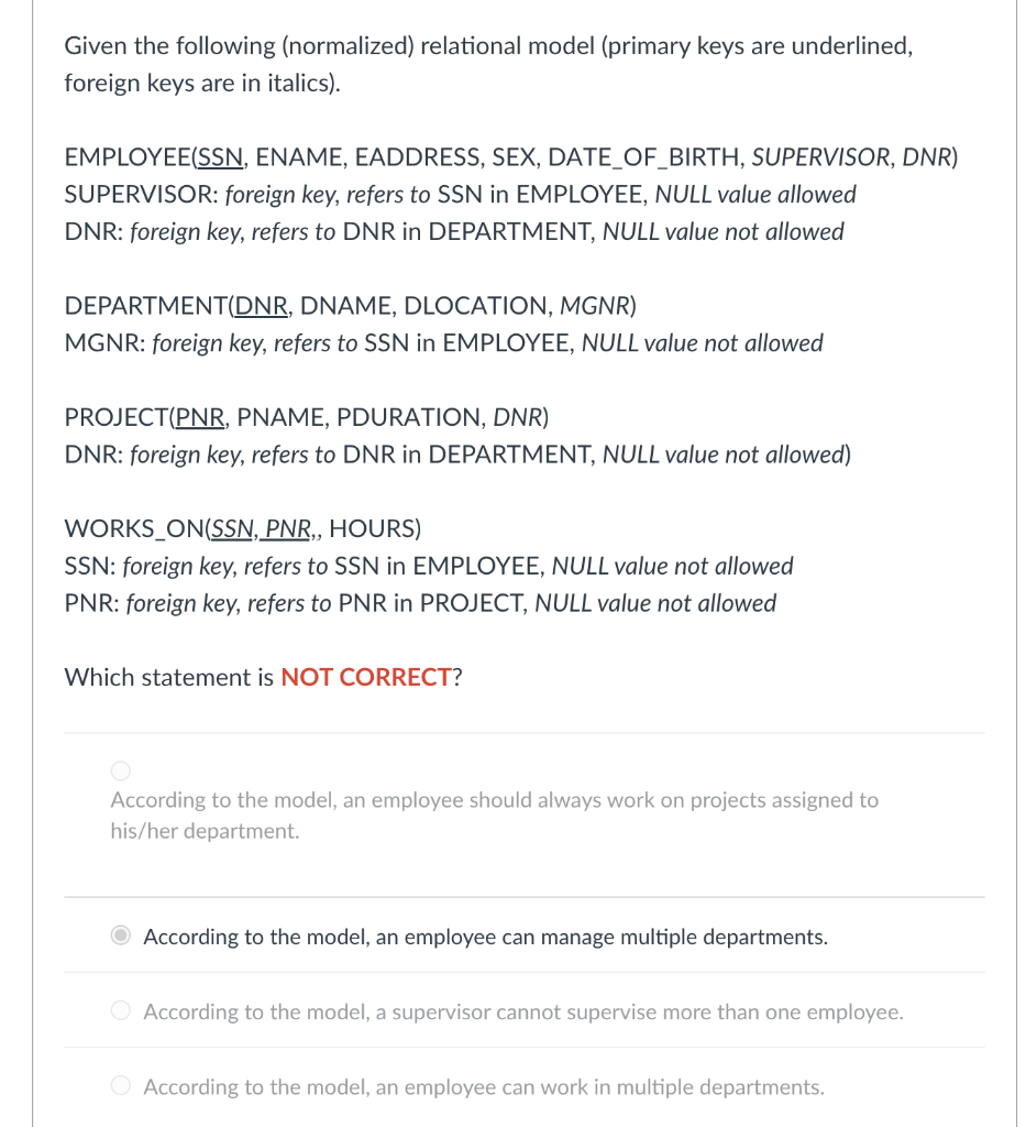 Solved Given the following (normalized) relational model | Chegg.com