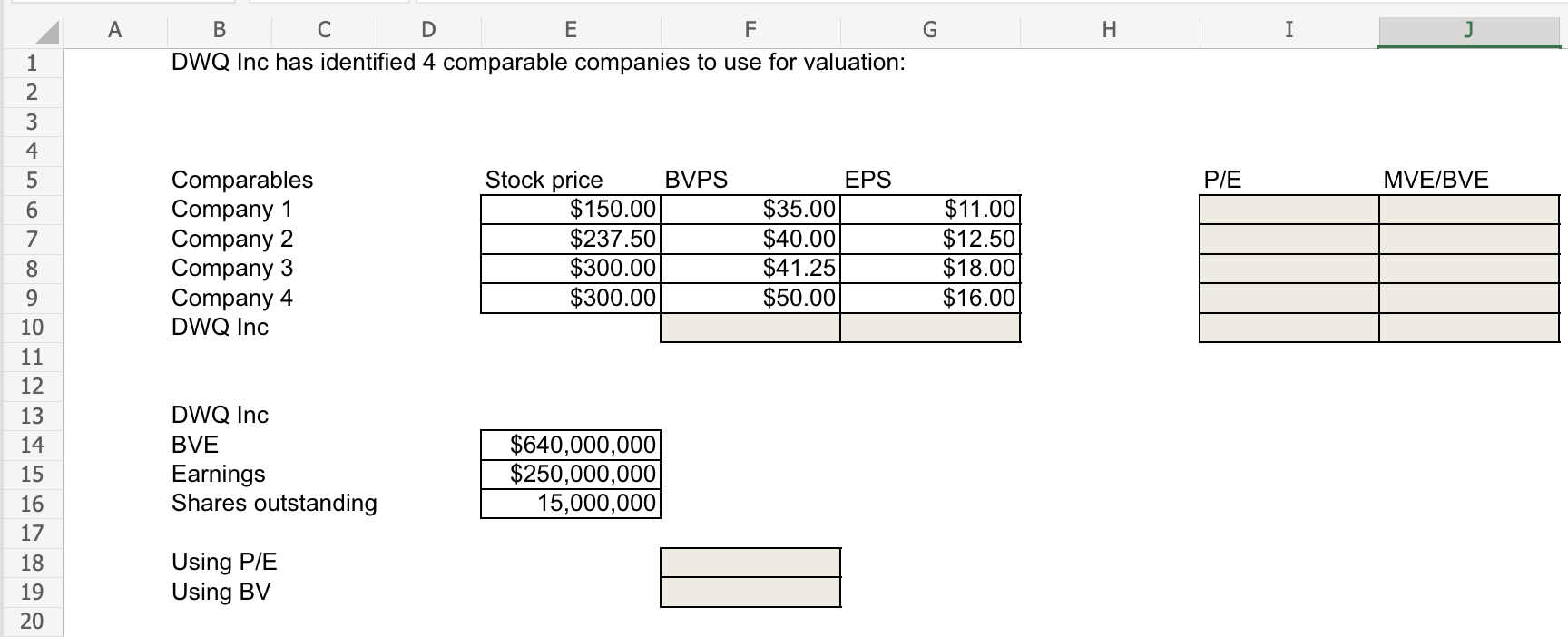 Solved DWQ Inc has identified 4 comparable companies to use | Chegg.com