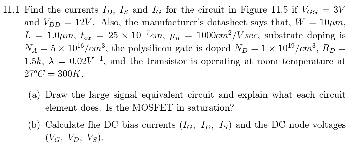 Solved 11 6 For This Problem Use The Mosfet Parameters From