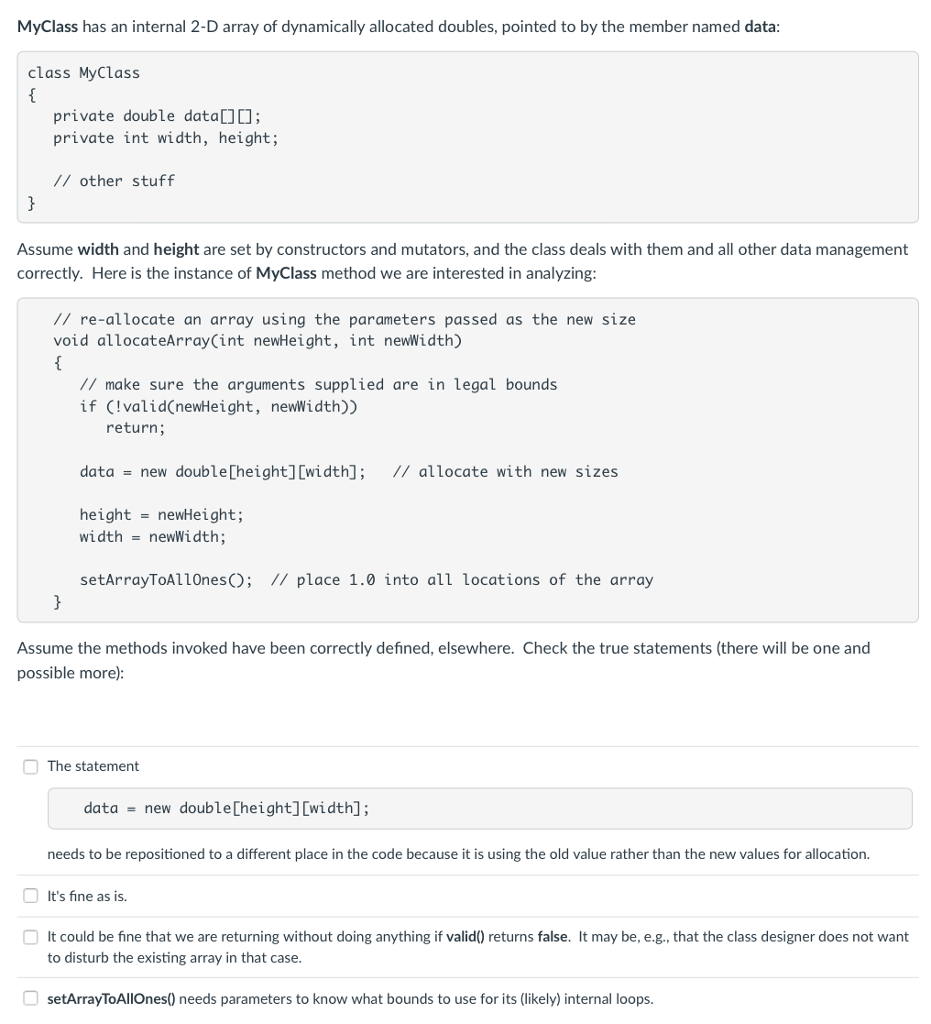 MyClass has an internal 2-D array of dynamically | Chegg.com MyClass has an internal 2-D array of dynamically | Chegg.com