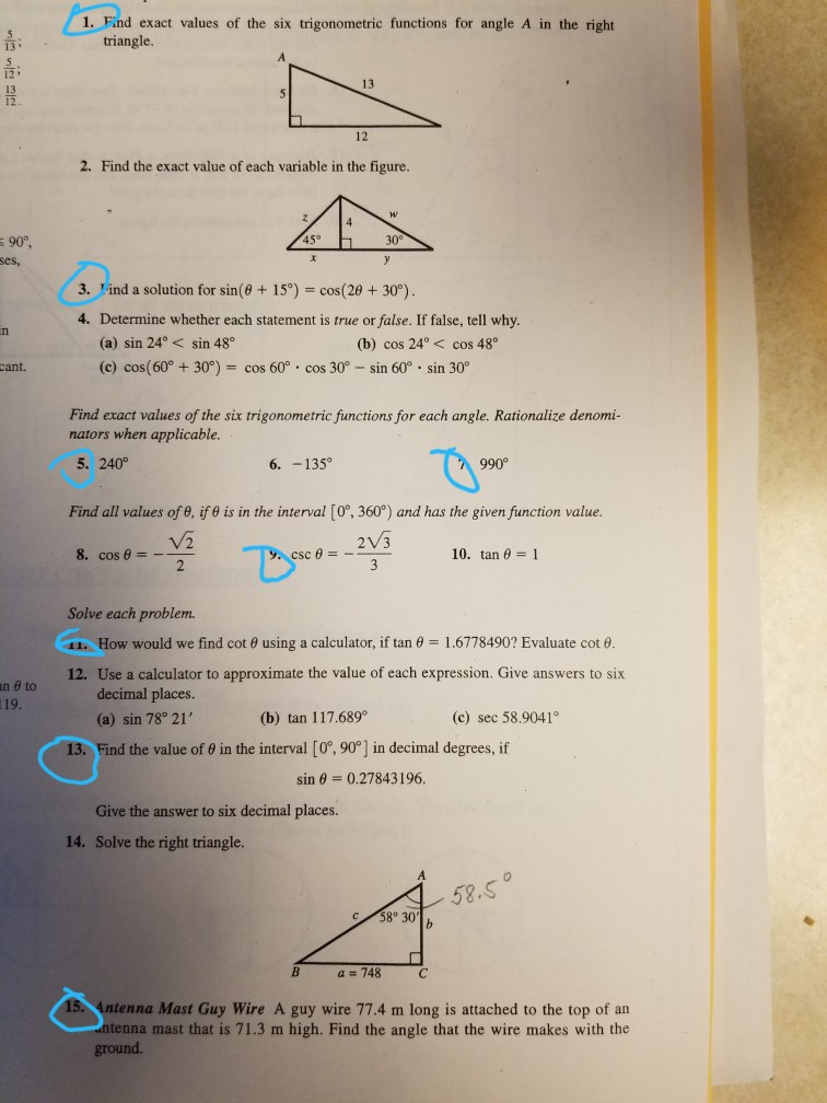 Solved d exact values of the six trigonometric functions for | Chegg.com