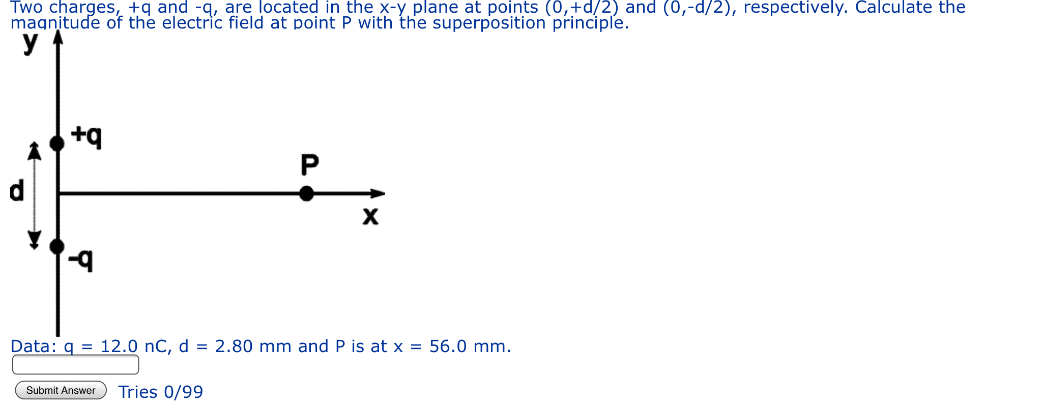 Solved Two charges, +q and -q, are located in the x-y plane | Chegg.com