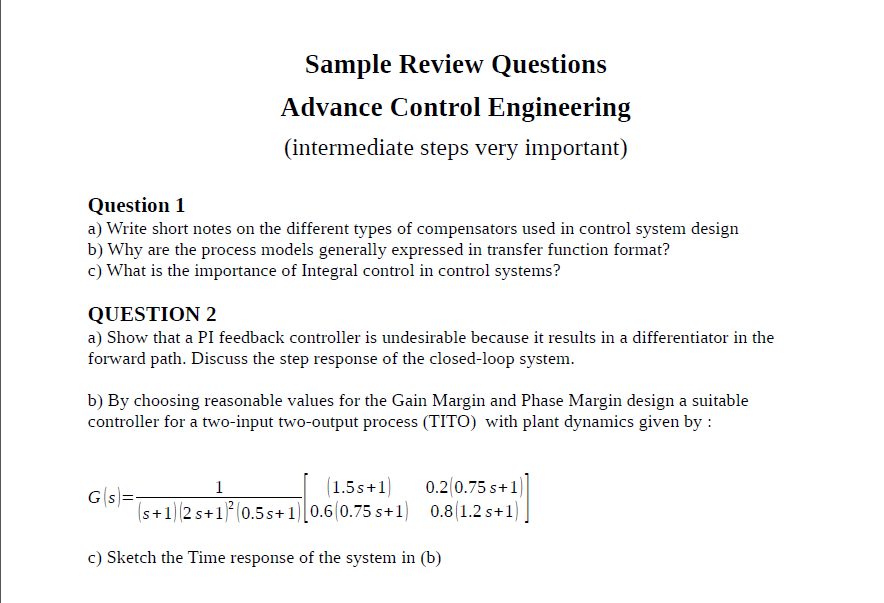 Solved Sample Review Questions Advance Control Engineering | Chegg.com