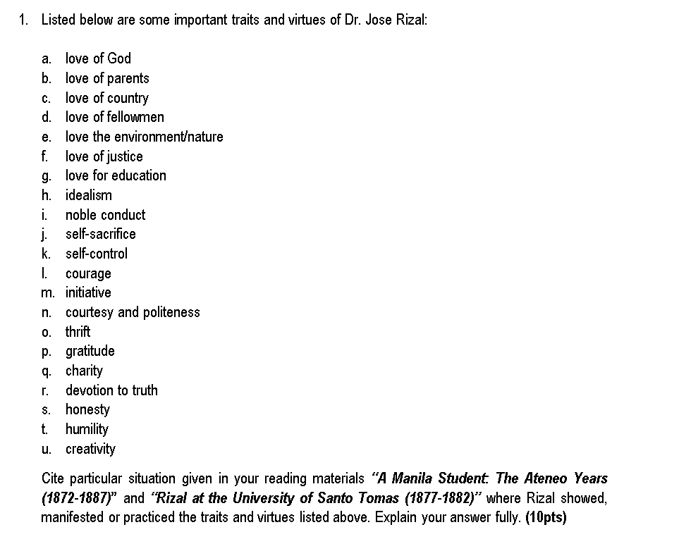 1. Listed below are some important traits and virtues | Chegg.com