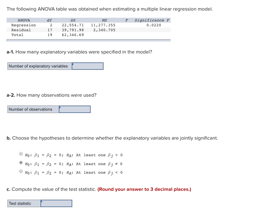 Solved The following ANOVA table was obtained when | Chegg.com