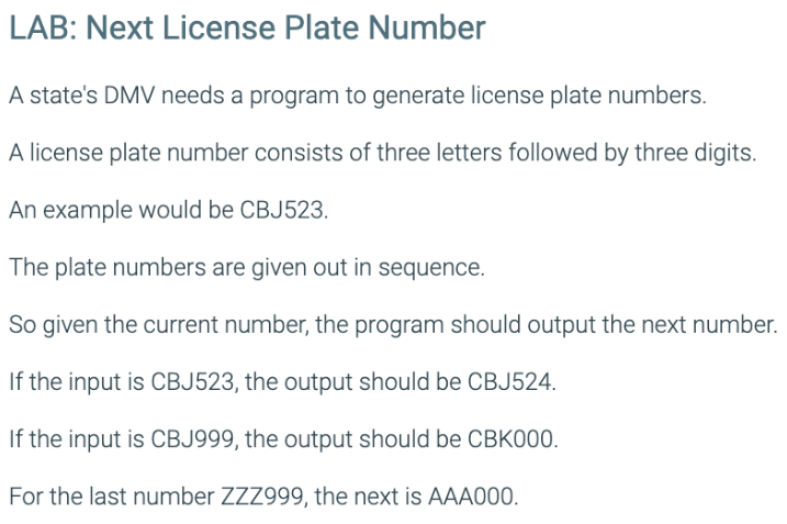 Solved LAB: Next License Plate NumberA state's DMV needs a | Chegg.com