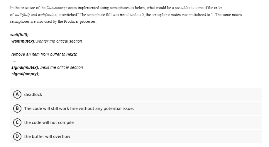 Solved If as the result of calling wait(s) on a semaphore, a | Chegg.com