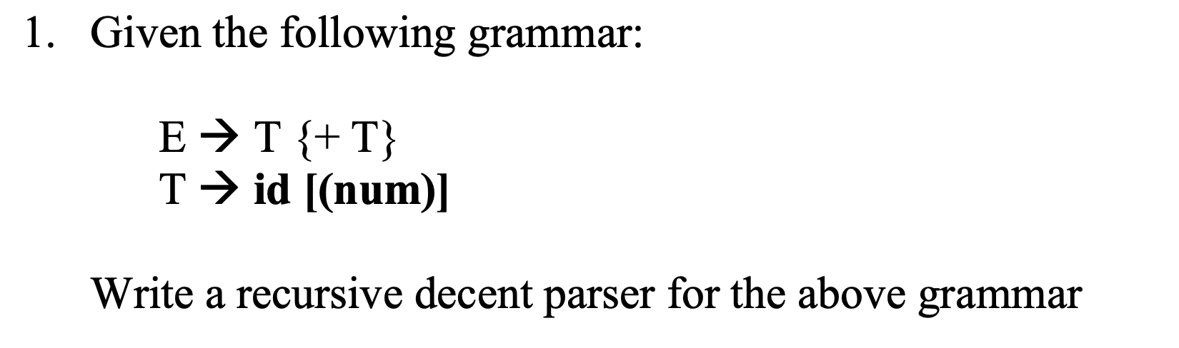 Solved 1. Given the following grammar: E→T{+T}T→ id [(num)] | Chegg.com