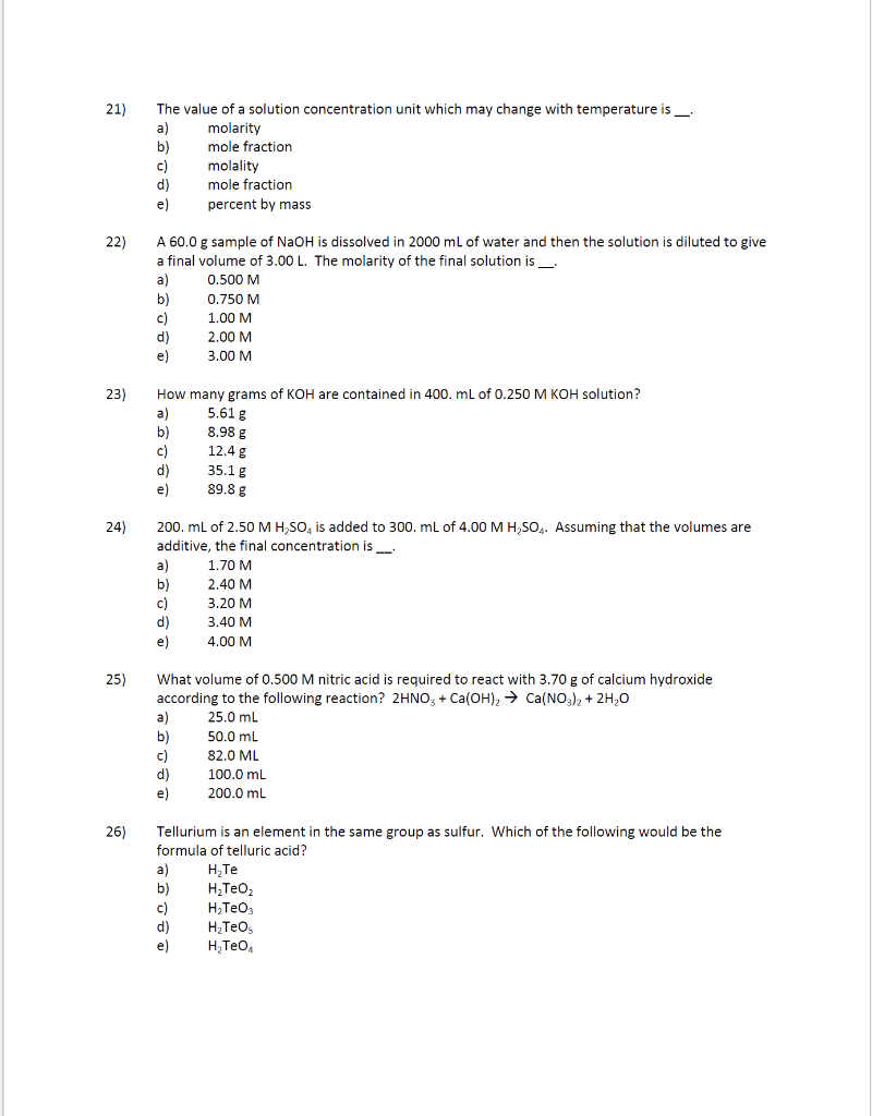 Solved 21) The value of a solution concentration unit which | Chegg.com