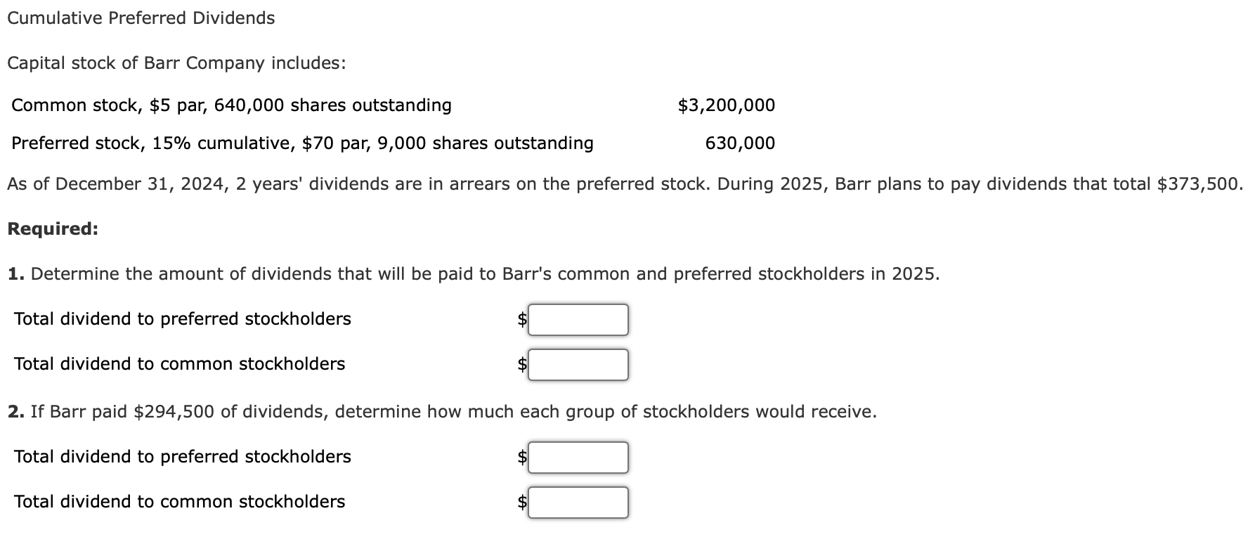 Solved Cumulative Preferred Dividends Capital stock of Barr | Chegg.com