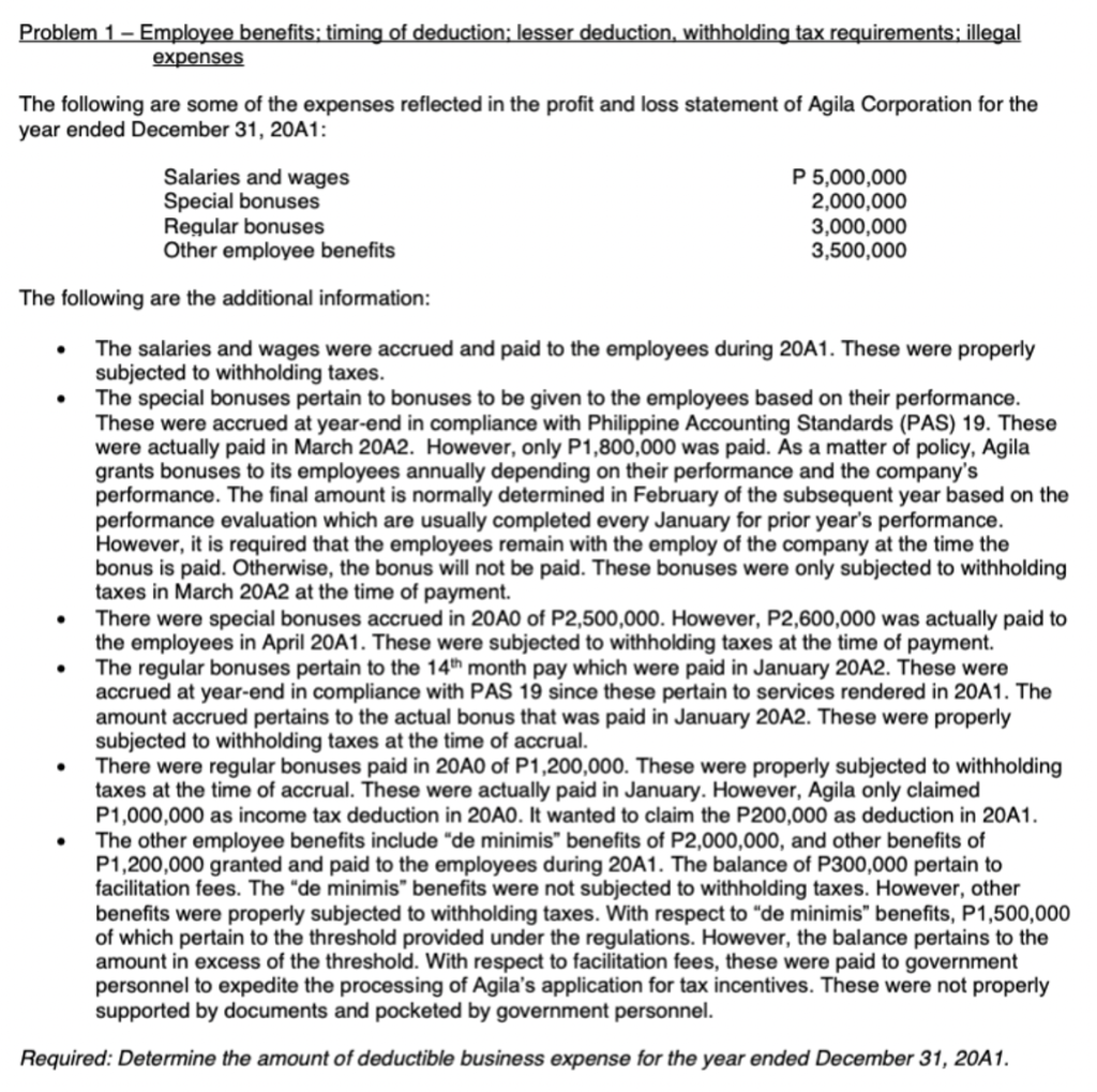 Solved Problem 1 - Employee benefits; timing of deduction; | Chegg.com
