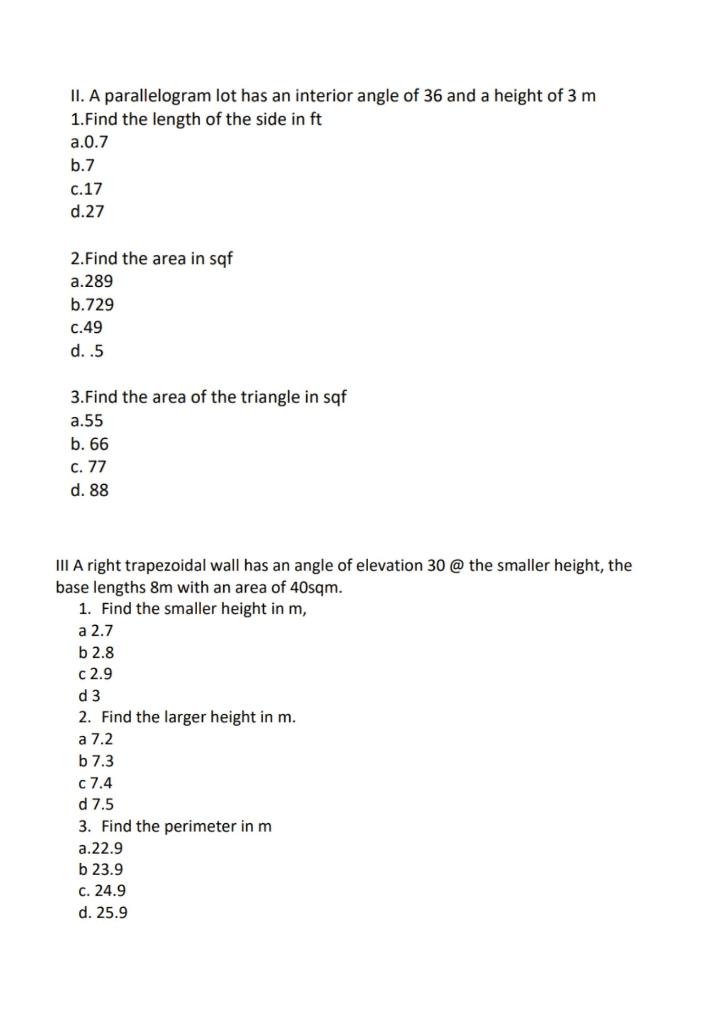 Solved II. A parallelogram lot has an interior angle of 36 | Chegg.com