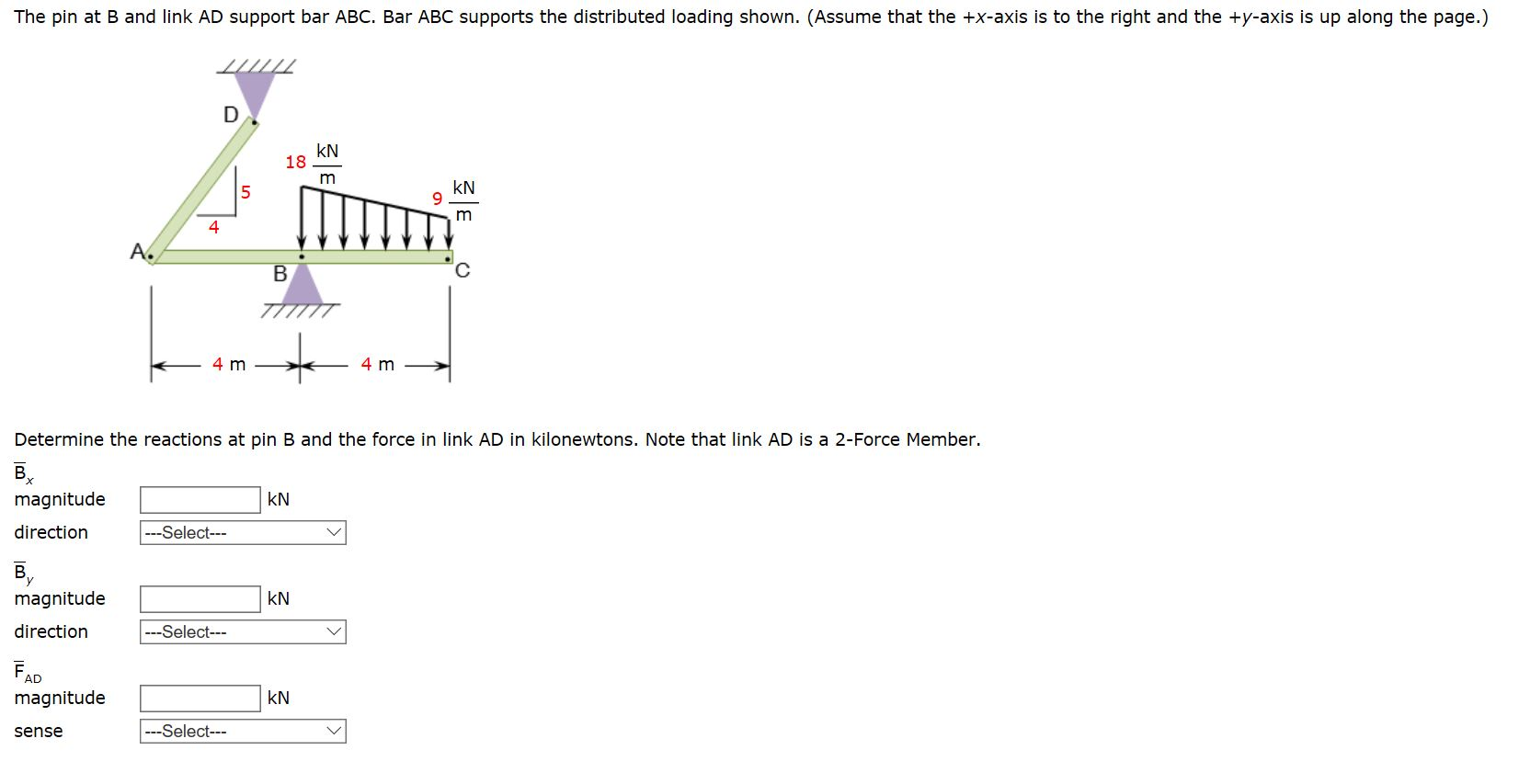 Solved The pin at B and link AD support bar ABC. Bar ABC | Chegg.com