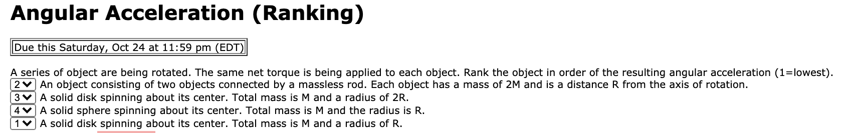 Solved Angular Acceleration (Ranking) Due this Saturday, Oct | Chegg.com
