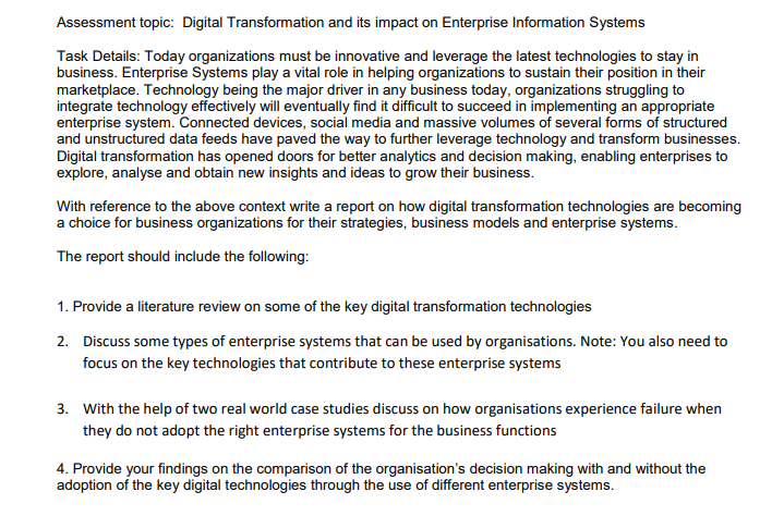 Solved Assessment topic: Digital Transformation and its | Chegg.com