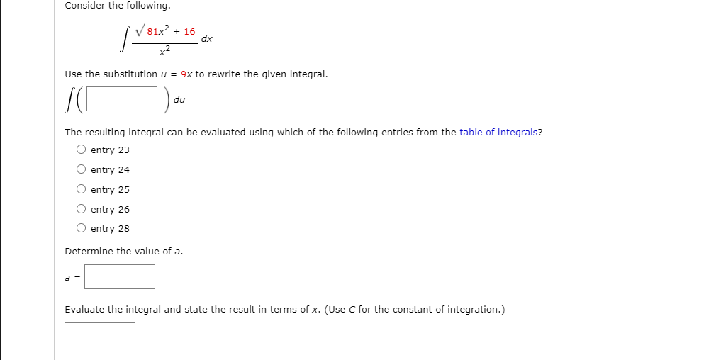 Solved Consider the following. 81x2 + 16 dx 2 2 Use the | Chegg.com