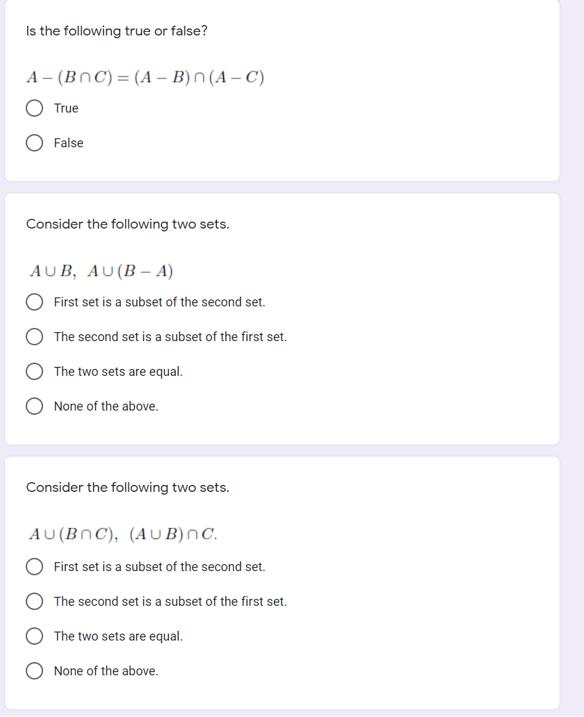 Solved Is the following true or false? A - (BAC)= (A – B) | Chegg.com