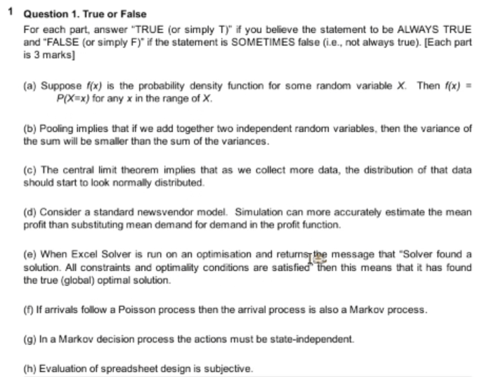 Solved 1 ﻿Question 1. ﻿True or FalseFor each part, answer | Chegg.com
