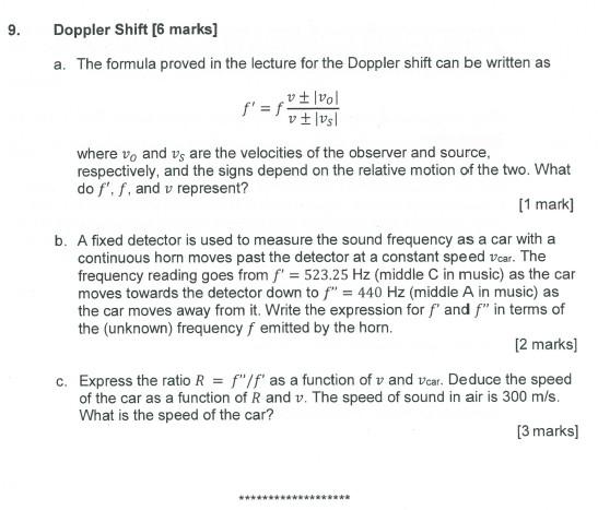 Solved 9. Doppler Shift [6 marks] a. The formula proved in | Chegg.com